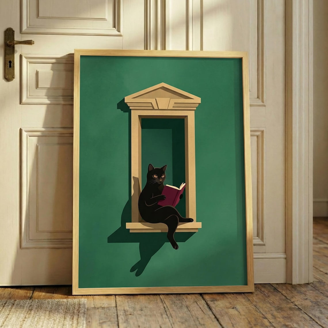 Black Cat Reading Book Emerald Green Minimalist Library Reading Nook ...