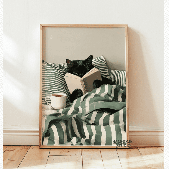Black Cat Reading Book Poster, Cozy Striped Green Bedroom Poster, Cute ...