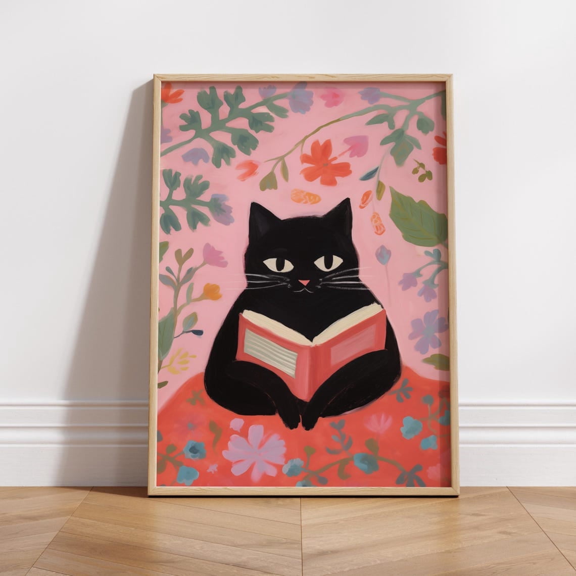 Black Cat Reading Book Poster Vintage Bookful Wall Art Cat Read Nursery ...