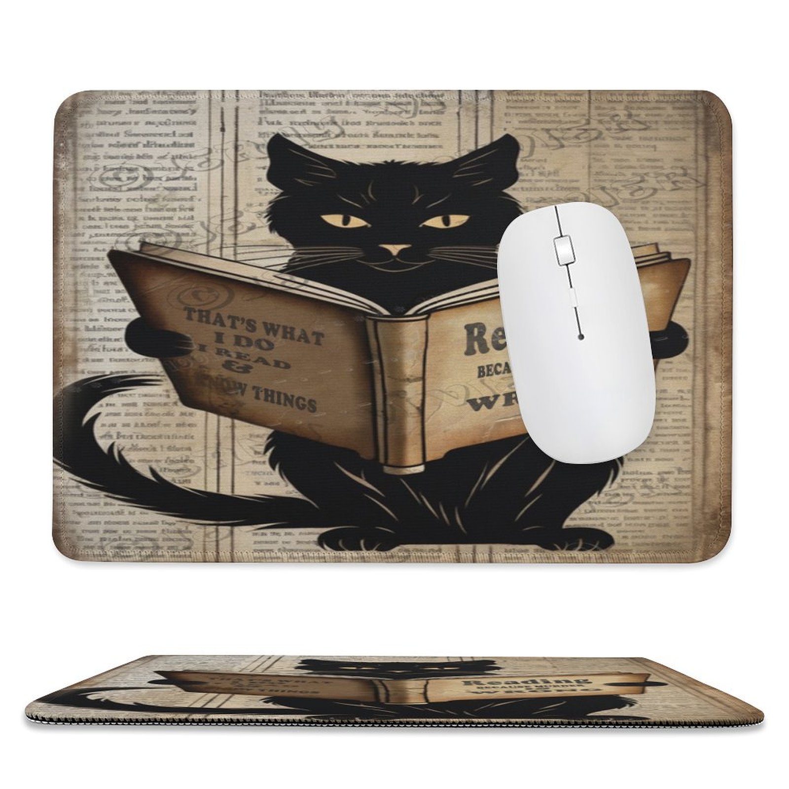 Black Cat Reading Book Print Mouse Pad with Non-Slip Rubber Base ...