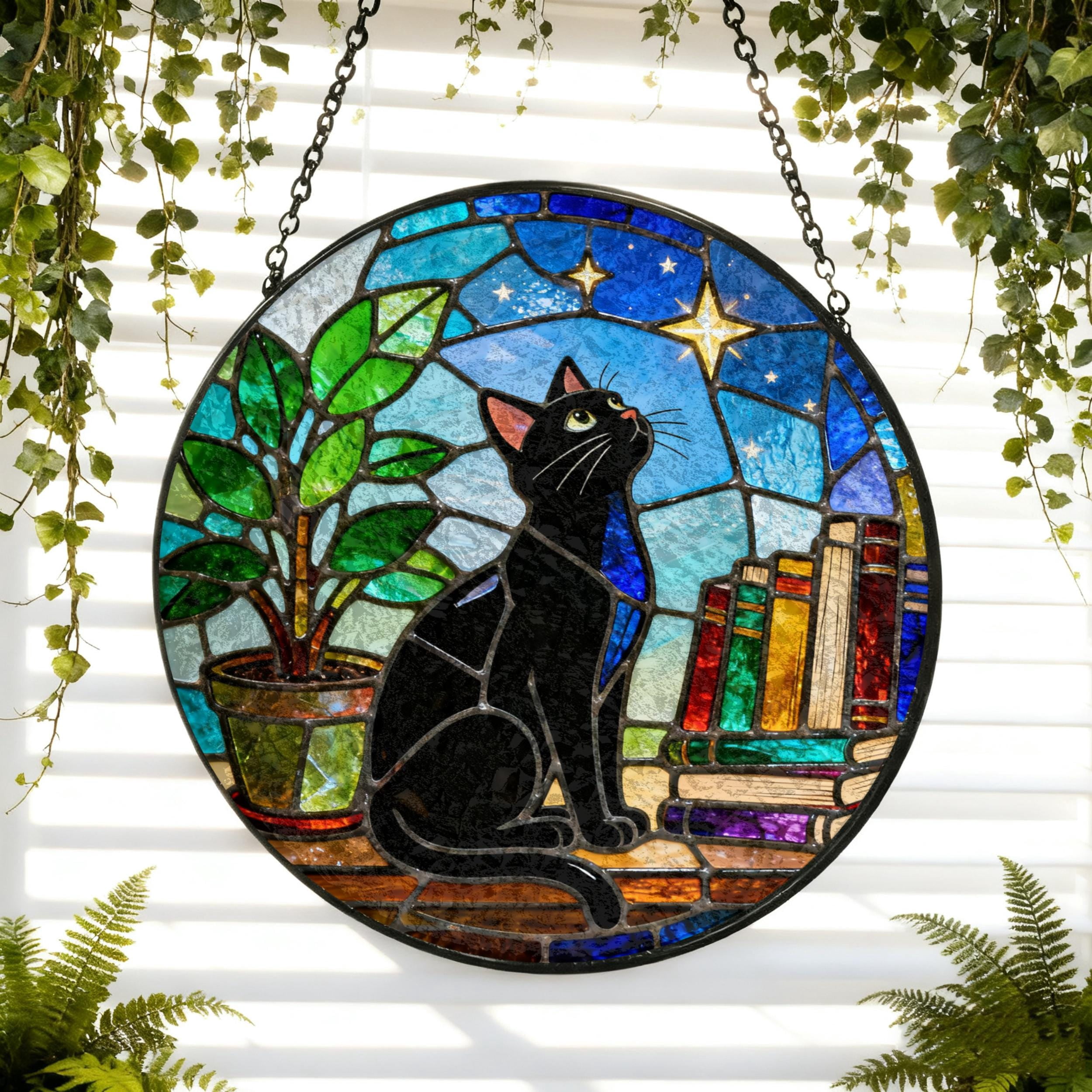 Black Cat Reading Book Stained Glass Suncatcher Library Window Hanging ...