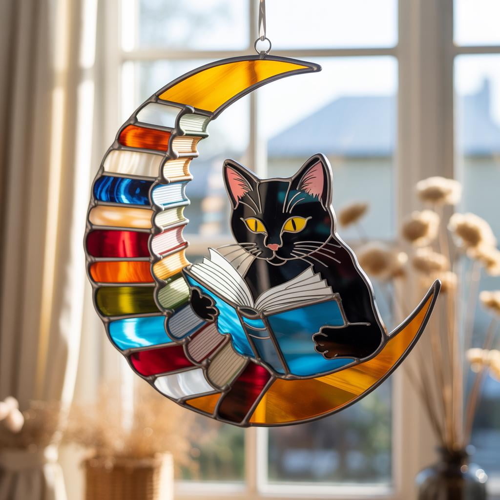 Black Cat Reading Book Suncatcher, Crescent Moon Book Stack Faux ...