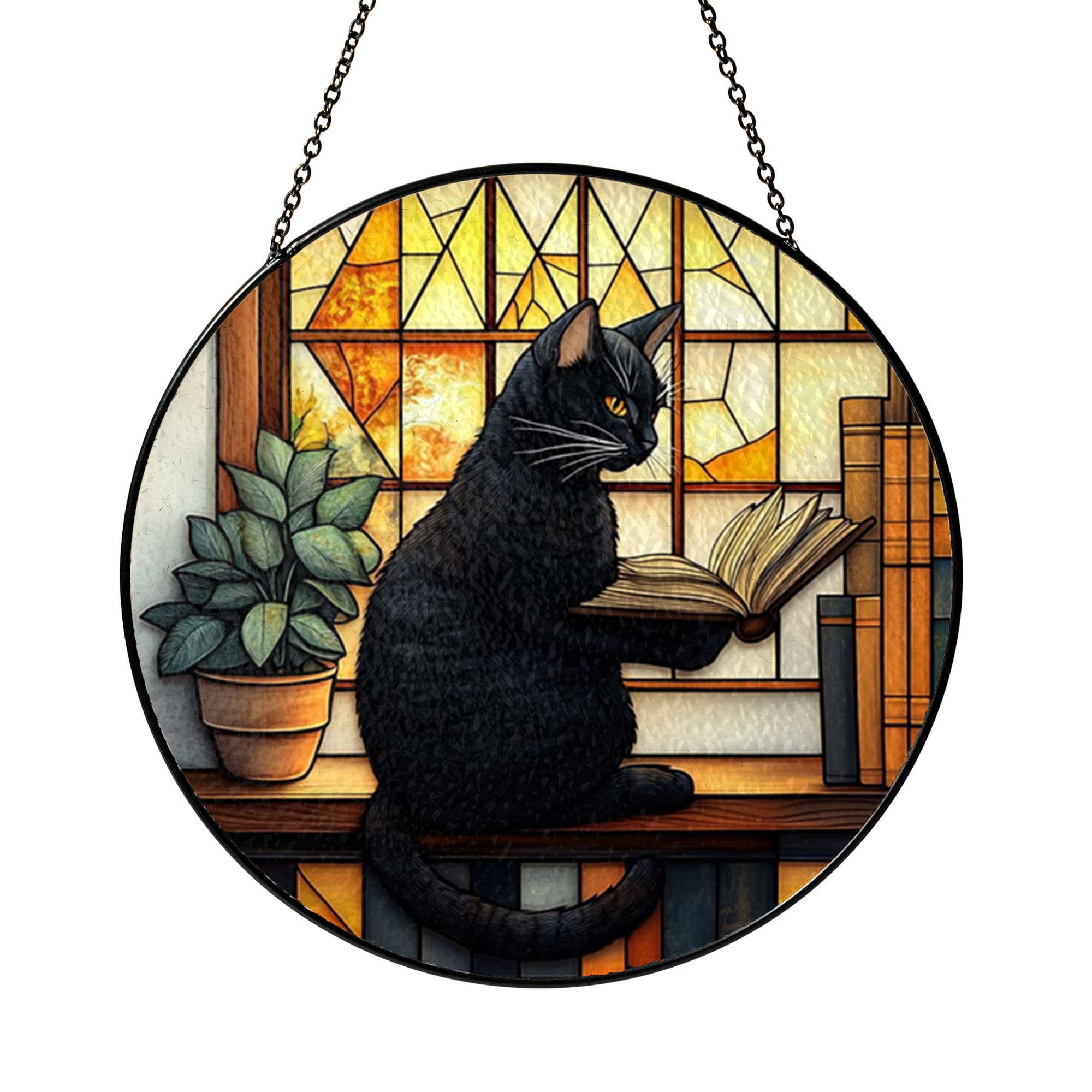 Black Cat Reading Book Window Suncatcher, Stained Glass Style Literary ...