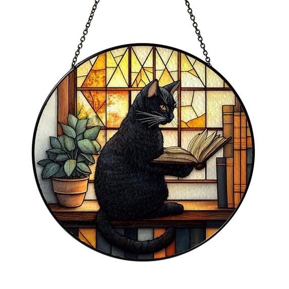 Black Cat Reading Book Window Suncatcher, Stained Glass Style Literary ...