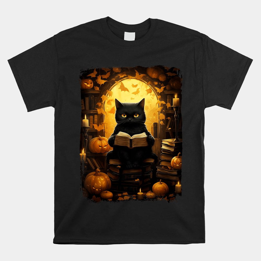 Black Cat Reading Books Pumpkin Autumn Teacher Halloween Shirt Cute ...