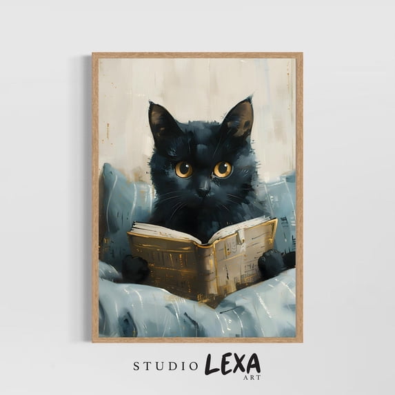 Black Cat Reading Cat Book Lover Cat Whimsical Animal Bookish Cat For ...