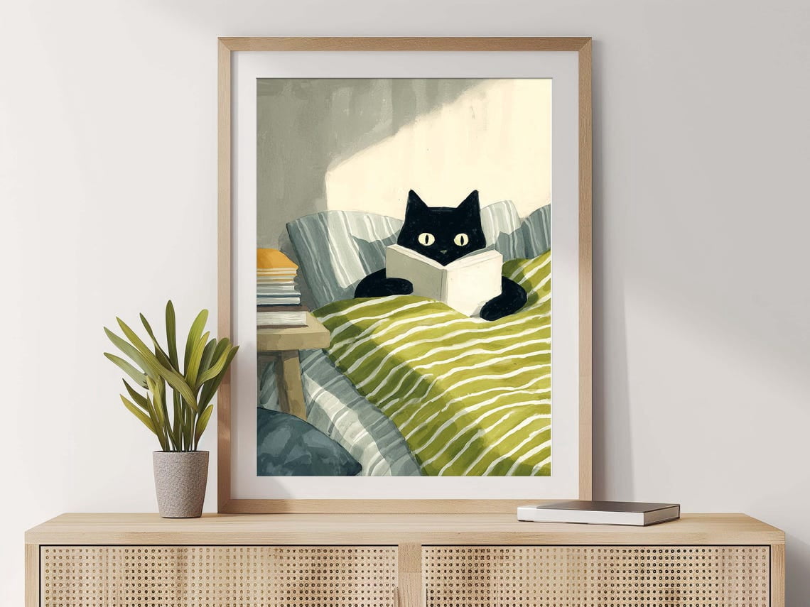 Black Cat Reading Cozy Book Lover Wall Art Unframed Paper Print ...