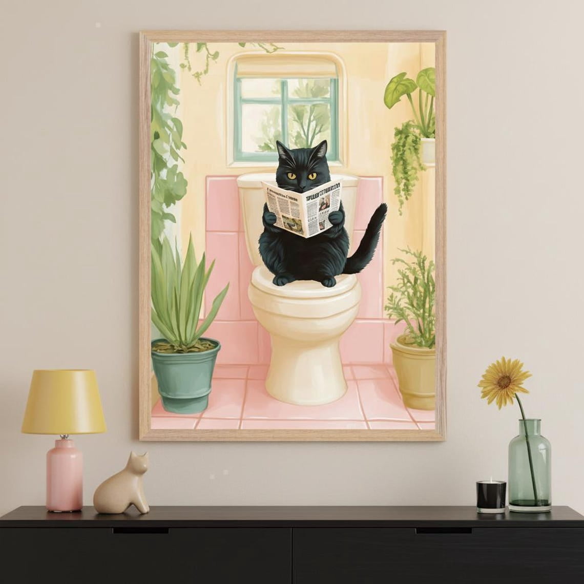 Black Cat Reading In Room Whimsical Pink Bathroom Poster Art Unframed ...