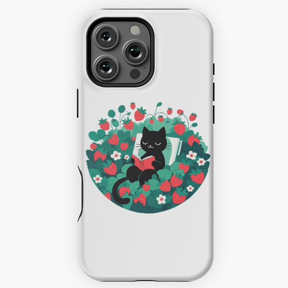Black Cat Reading In Strawberry Garden Phone Case for iPhone 16 15 14 ...