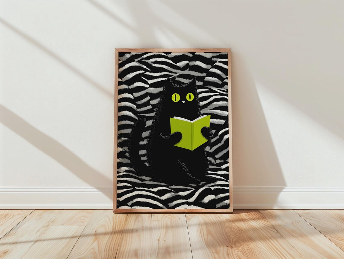 Black Cat Reading Lime Green Zebra Poster Unframed Paper Print ...