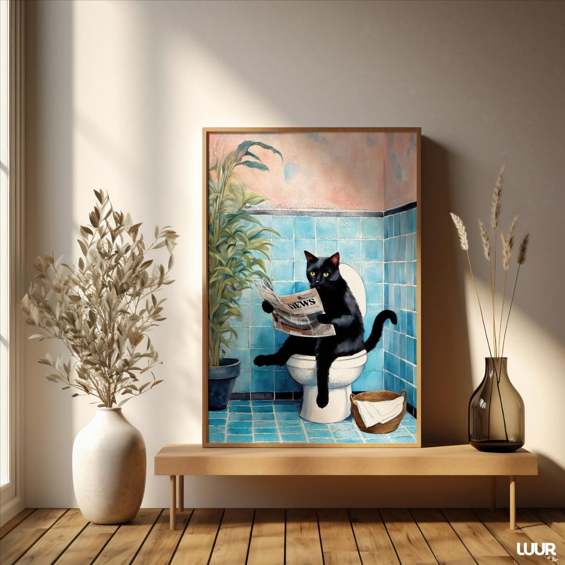 Black Cat Reading Newspaper Bathroom Wall Art Quirky Animal Decor ...