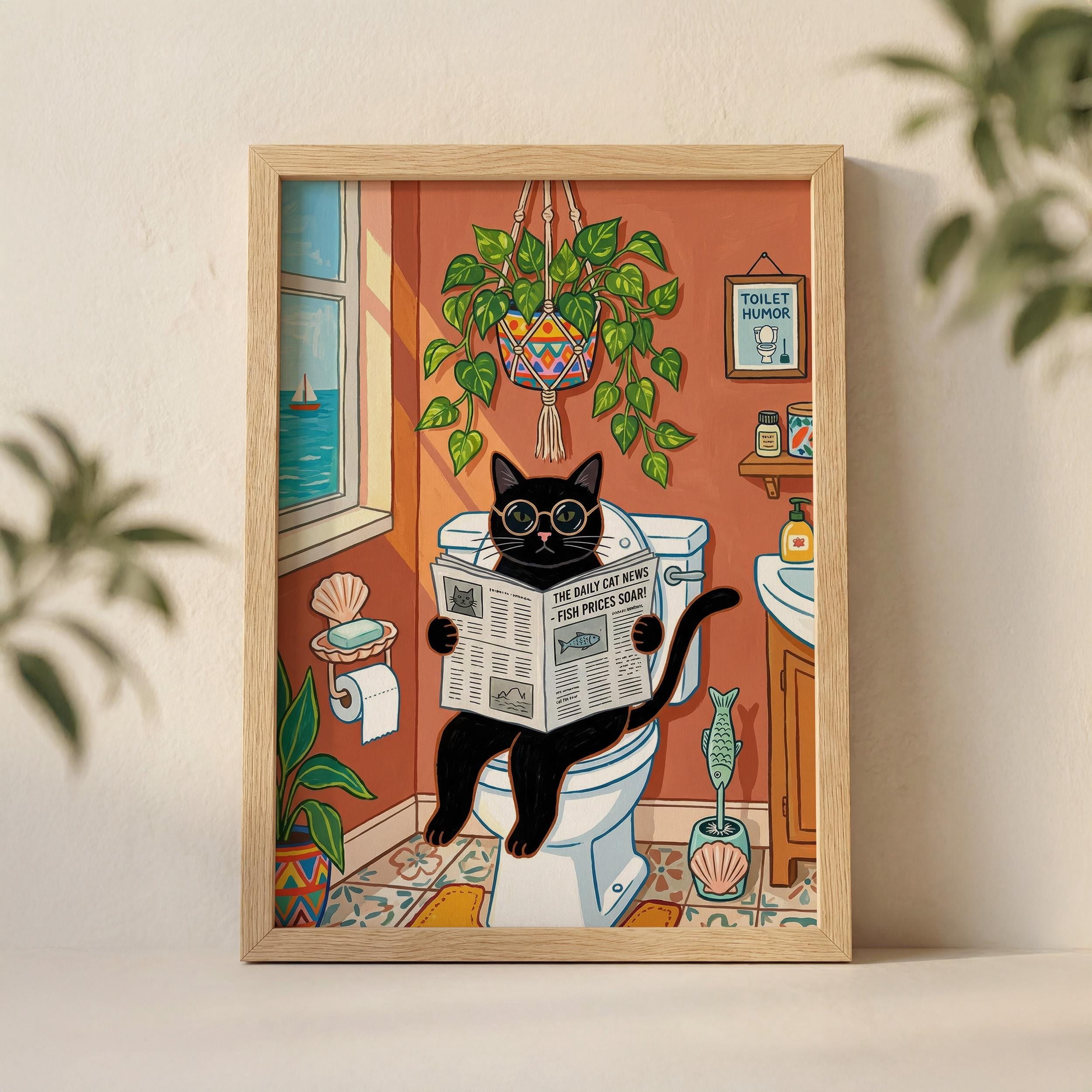 Black Cat Reading Newspaper On Toilet Wall Art Print Funny Bathroom ...