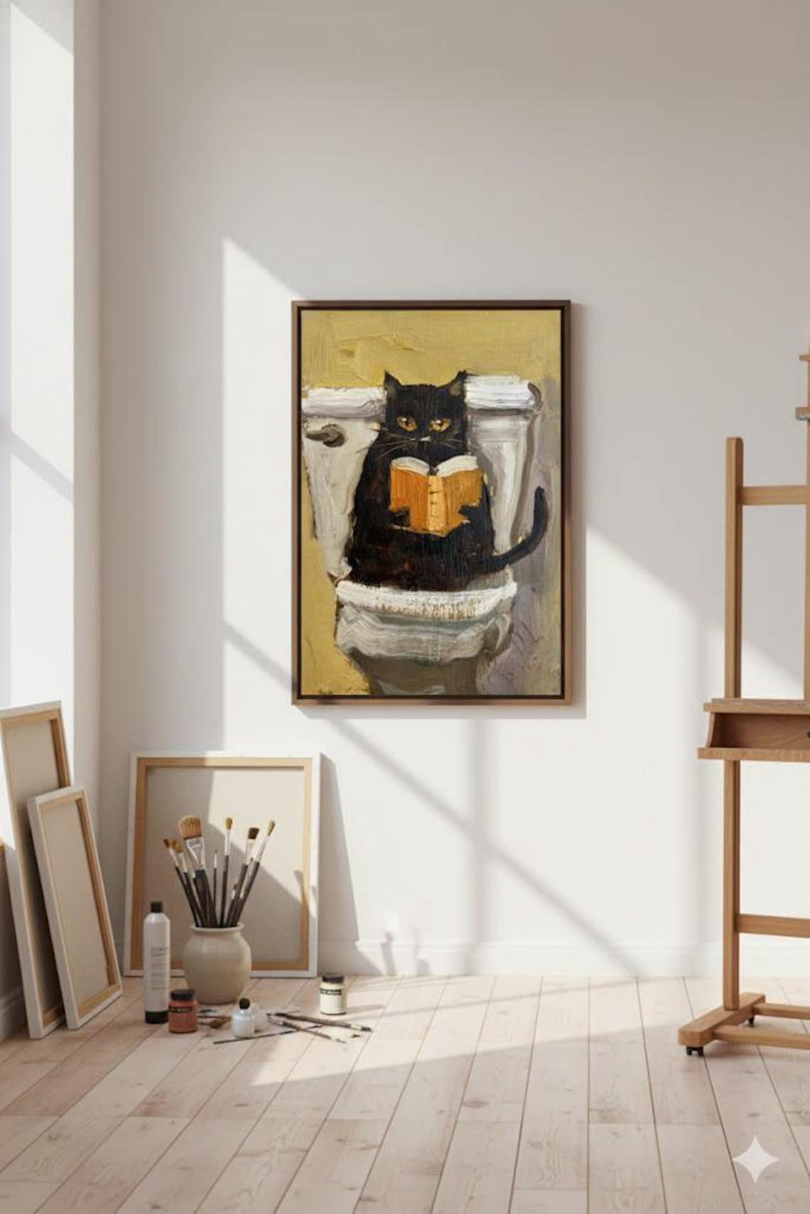 Black Cat Reading Newspaper Poster Funny Bathroom Wall Art Unframed ...
