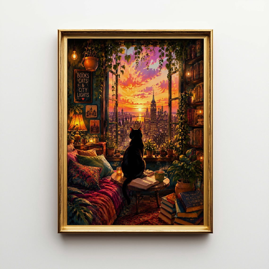 Black Cat Reading Nook Gouache City Sunset Book Lover Poster Unframed ...