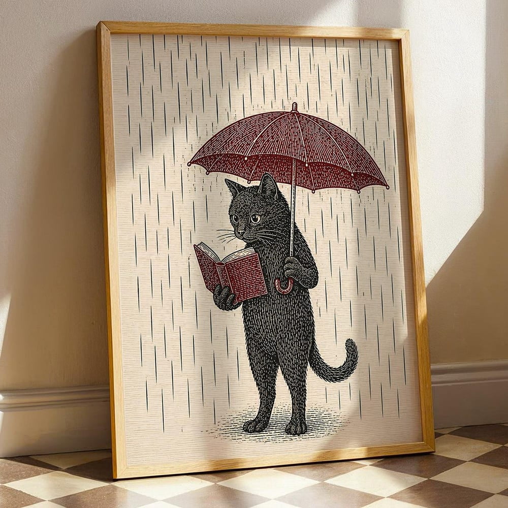 Black Cat Reading Poster: Japanese Rainy Day Ukiyo-E Art Home Decor ...
