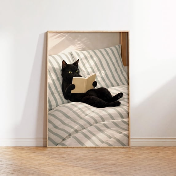 Black Cat Reading Sage Green Book Lover Wall Art, Unframed Canvas Size ...