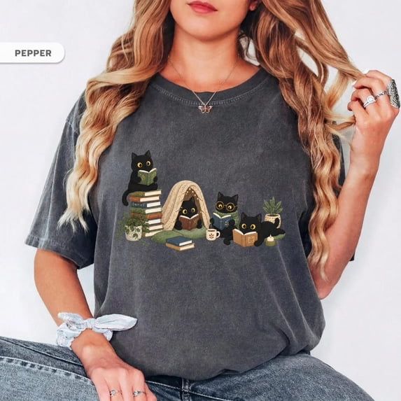 Black Cat Reading Shirt, Book Lover Cat Tee, Cozy Reader Gift For Her ...