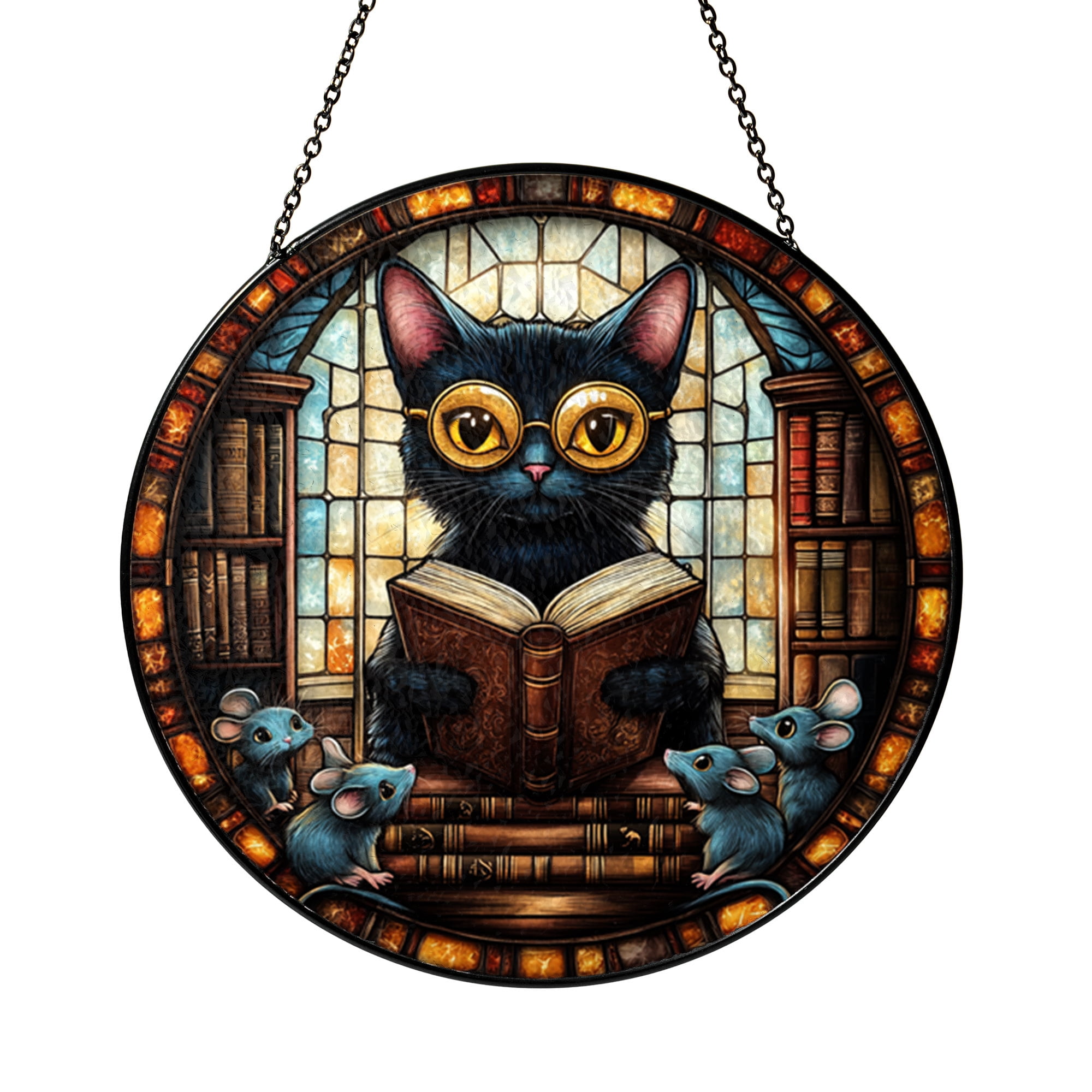 Black Cat Reading Stained Glass Style Suncatcher – Window Decor ...