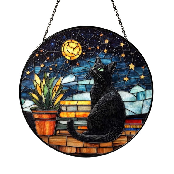 Black Cat Reading Stained Glass Window Decor, Literary Suncatcher for ...