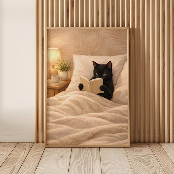 Black Cat Reading Vintage Neutral Wall Art, Unframed Paper Print Size ...