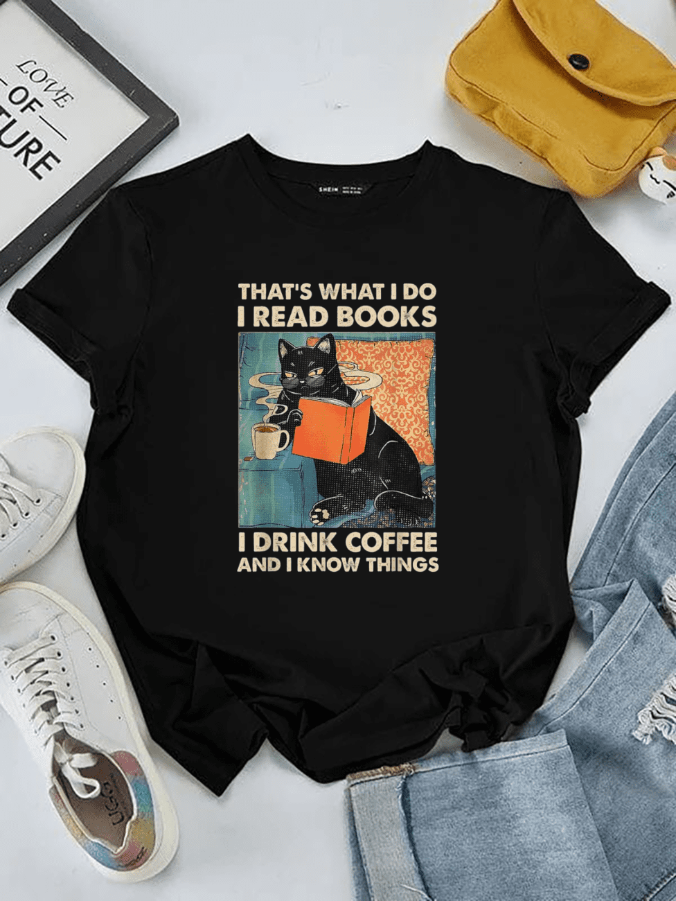 Black Cat Reads Books Drinks Coffee Knows Things Funny up to Size 5XL ...