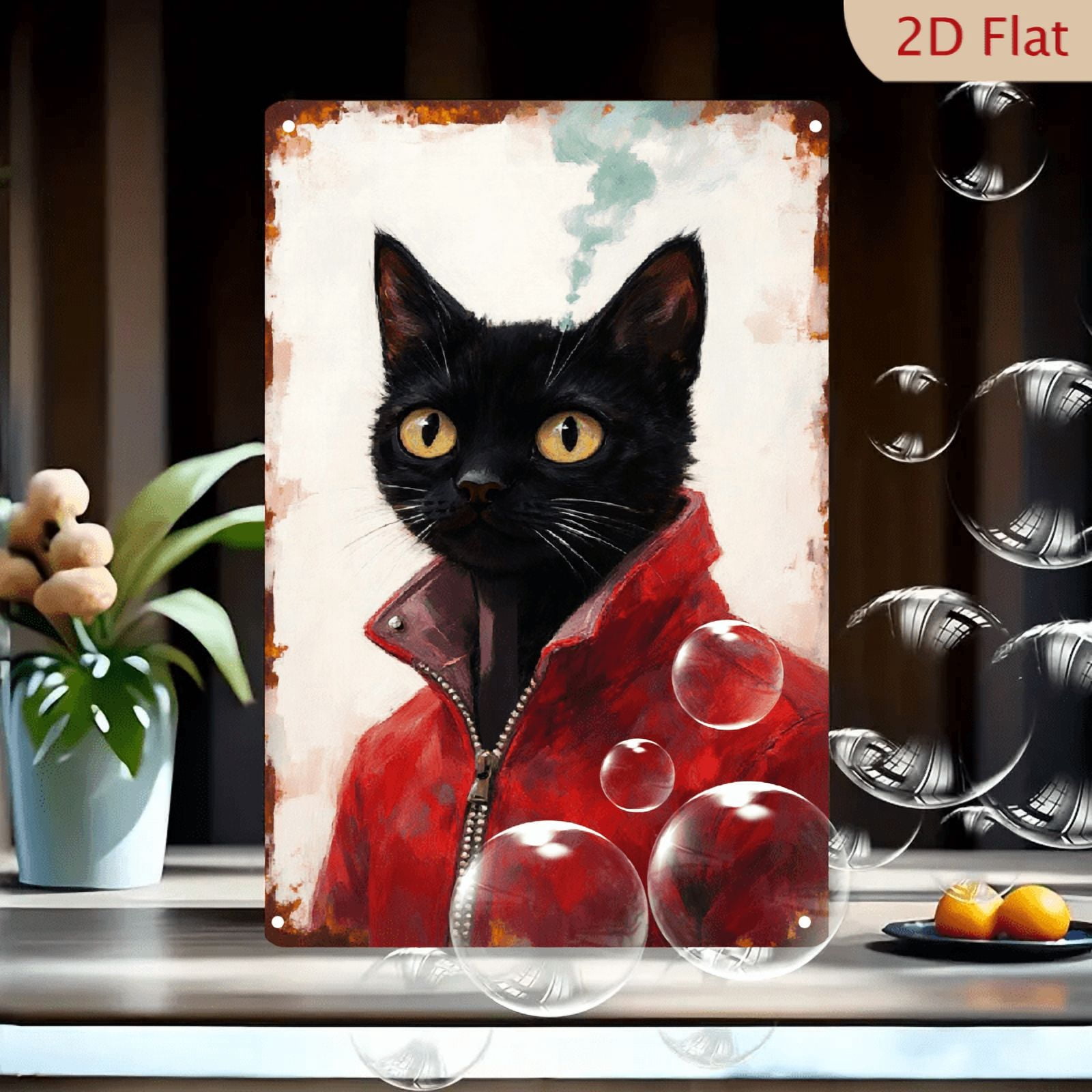 Black Cat in Red Jacket Art Print, 8x12 Inches Metal Wall Decor ...