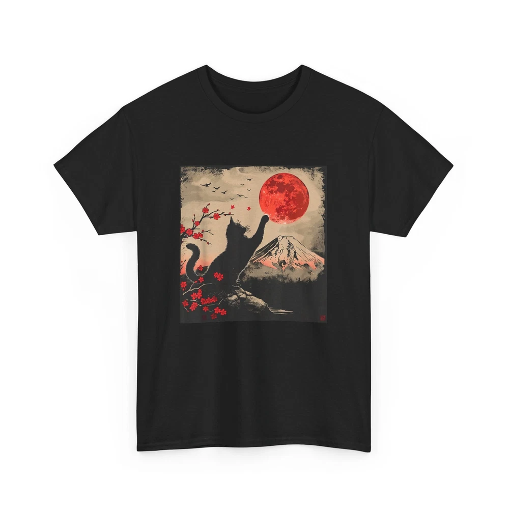 Black Cat Red Moon Mount Fuji Cherry Blossom Japanese Art Unisex T ...