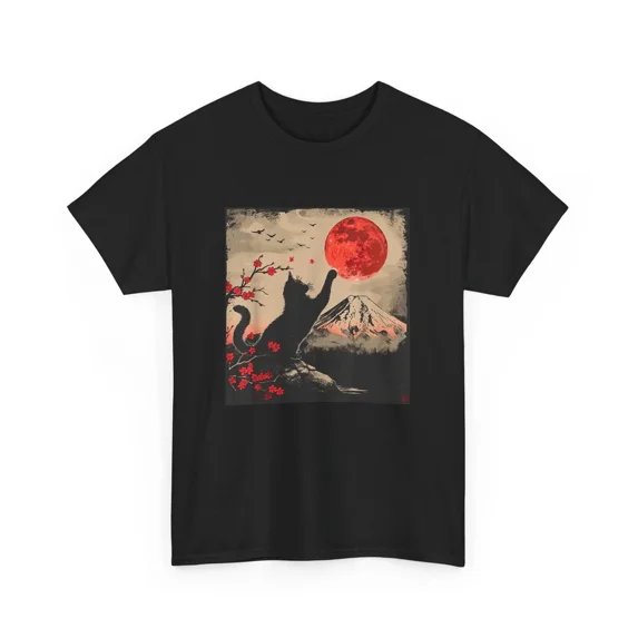 Black Cat Red Moon Mount Fuji Cherry Blossom Japanese Art Unisex T ...