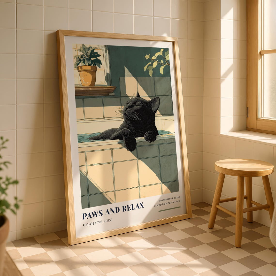 Black Cat Relaxing In Bathtub Wall Art, Paws And Relax Bathroom Poster ...