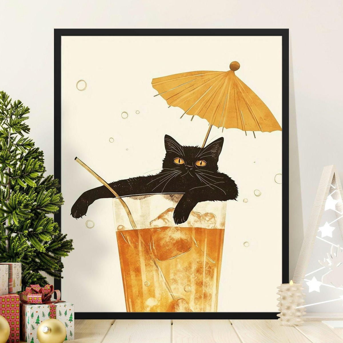 Black Cat Relaxing In Cocktail Poster, Cat Art Print, Funny Cat Wall ...
