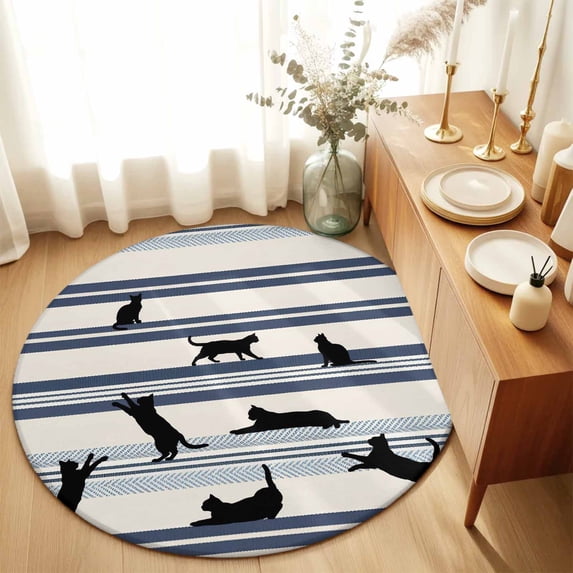 Black Cat Retro Stripes Lines Round Rug 3ft Watercolor Striped Washable ...