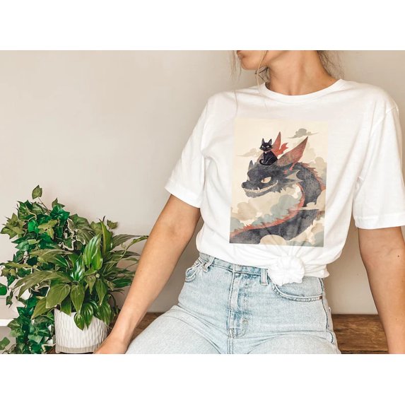 Black Cat Riding Dragon Fantasy Animal Lover T-Shirt - Walmart.com