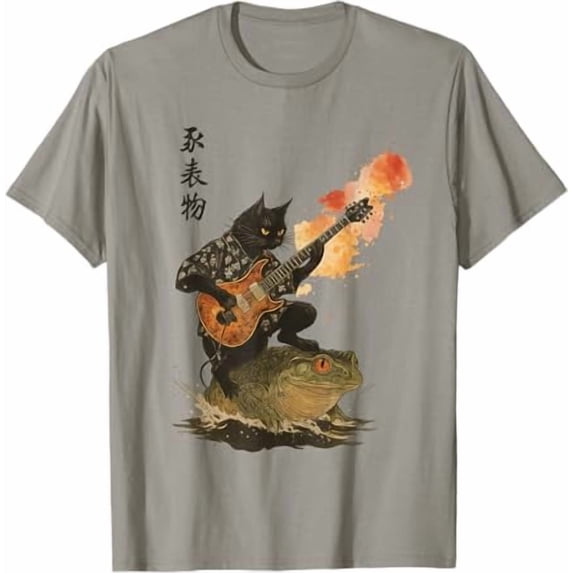Black Cat Riding On Toad Playing Guitar Print T-Shirt, Unisex T-Shirt ...