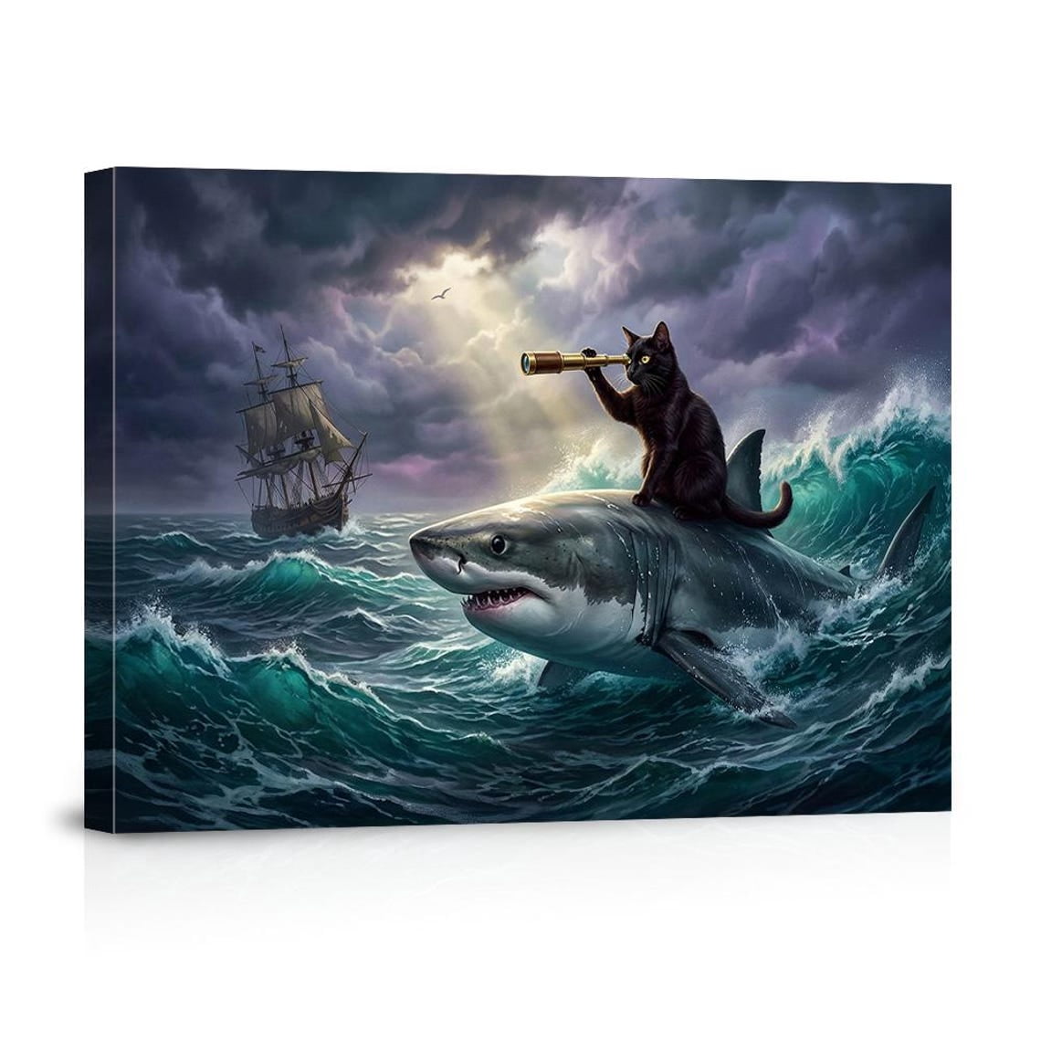 Black Cat Riding Shark With Telescope Nautical Pirate For Home Bathroom ...