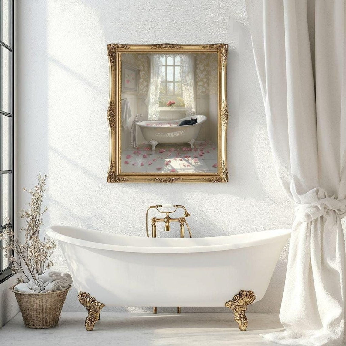 Black Cat Rose Bath Poster, Pretty Bathroom Wall Art, Floral Feline ...