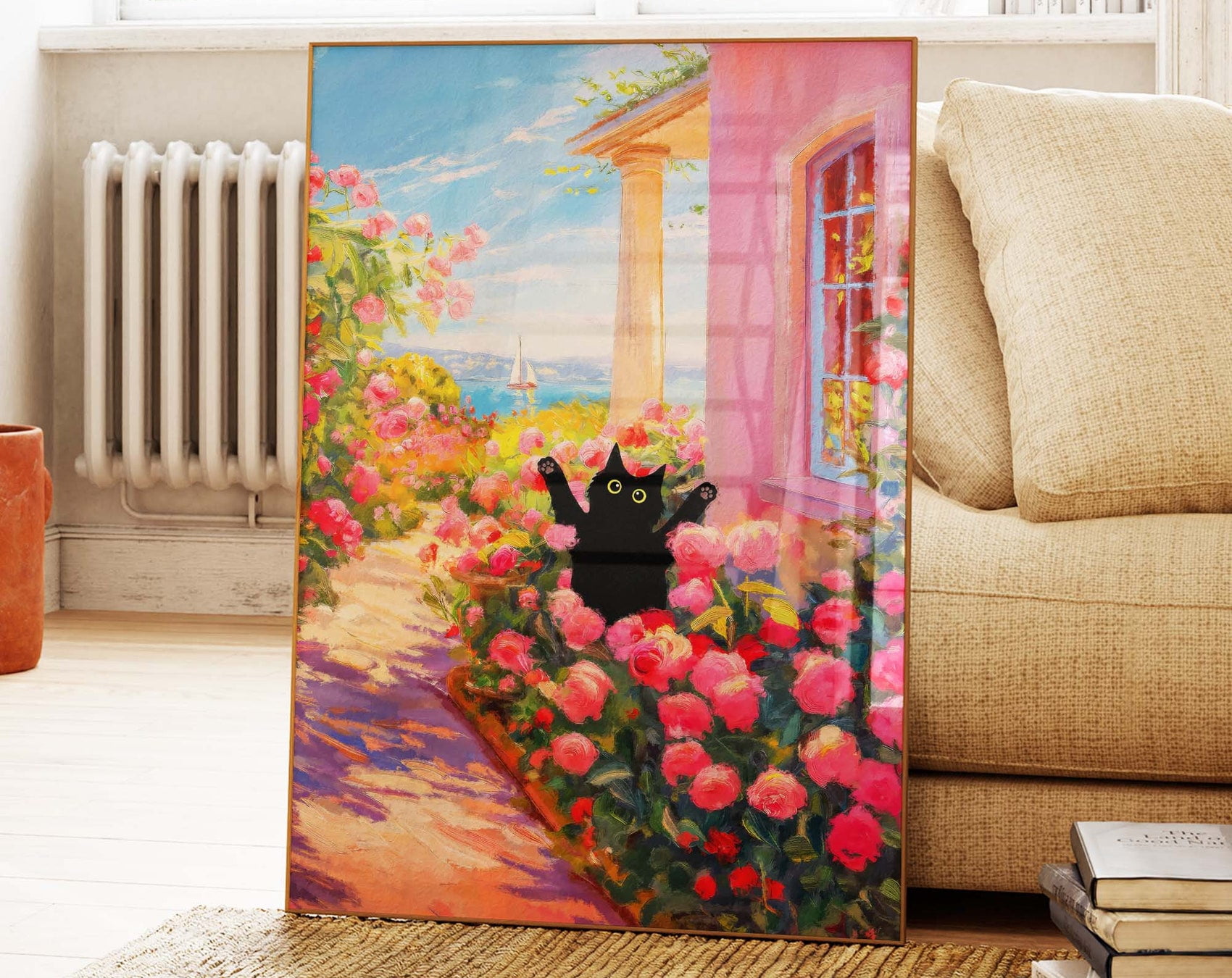 Black Cat in Rose Garden Poster, Pink Roses, Colorful Floral Seaside ...