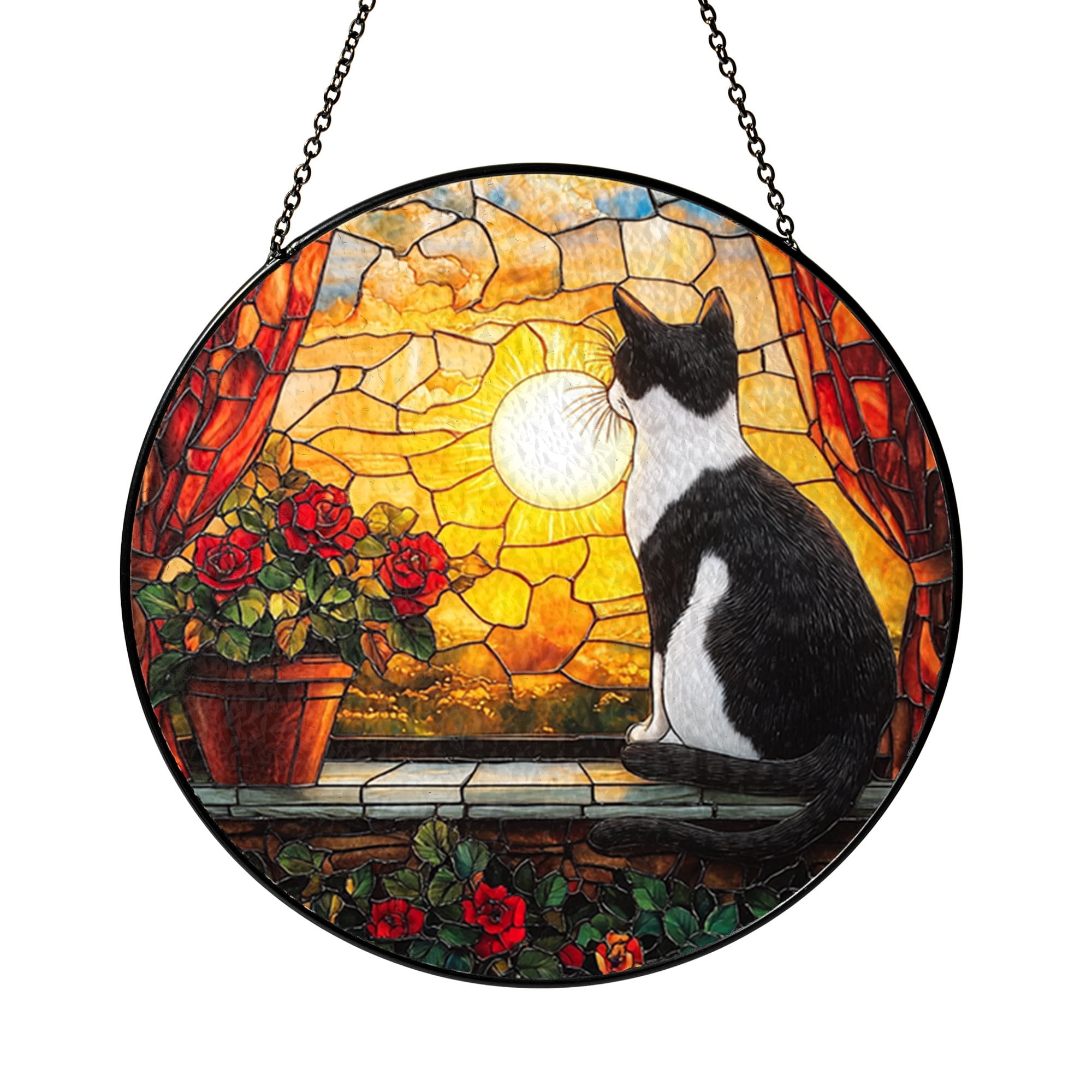 Black Cat Rose Window Suncatcher Round Stained Glass Gift for Cat Lover ...
