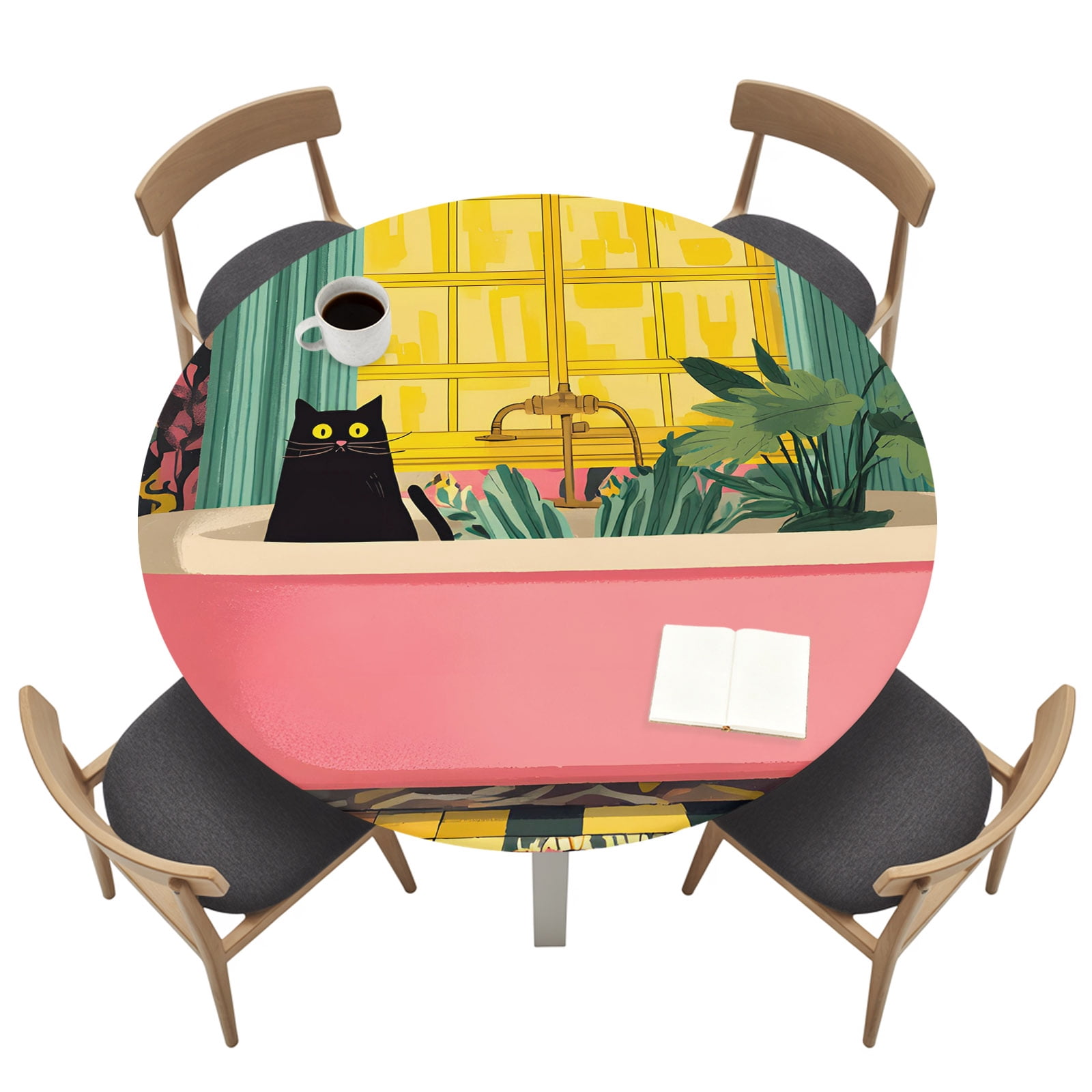 Black Cat Round Fitted Table Cover Pink Bathtub Green Leaf Whimsical ...