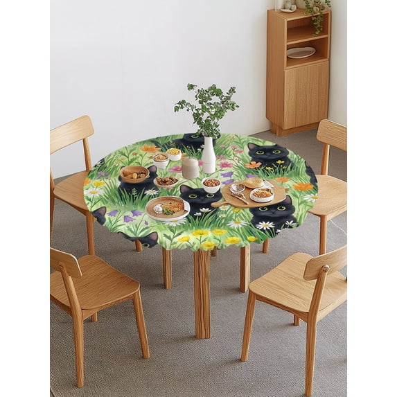 Black Cat Round Fitted Tablecloth with Elastic Edge, Orange Purple ...
