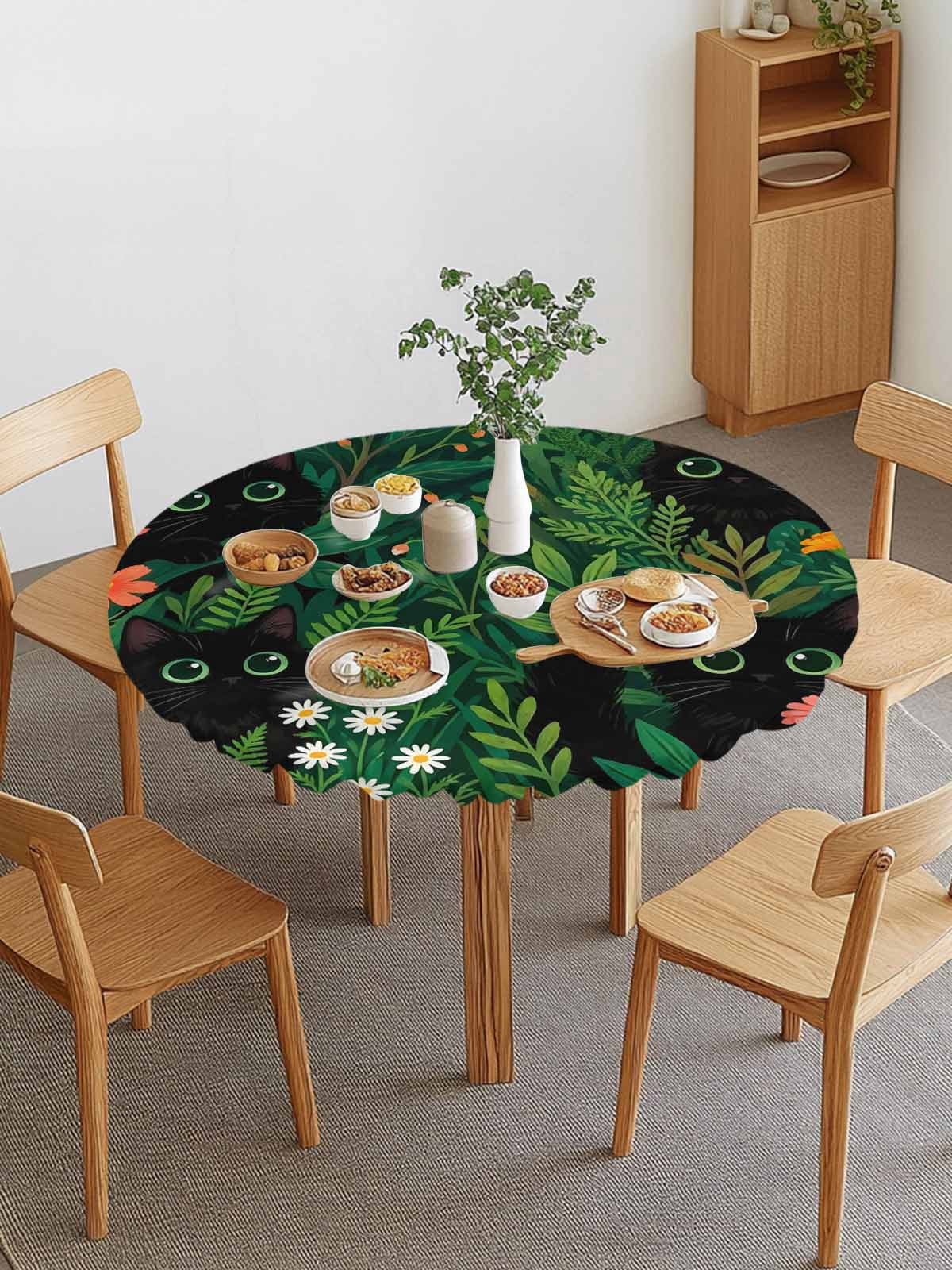 Black Cat Round Fitted Tablecloth with Elastic Edge, Pink Orange Flower ...