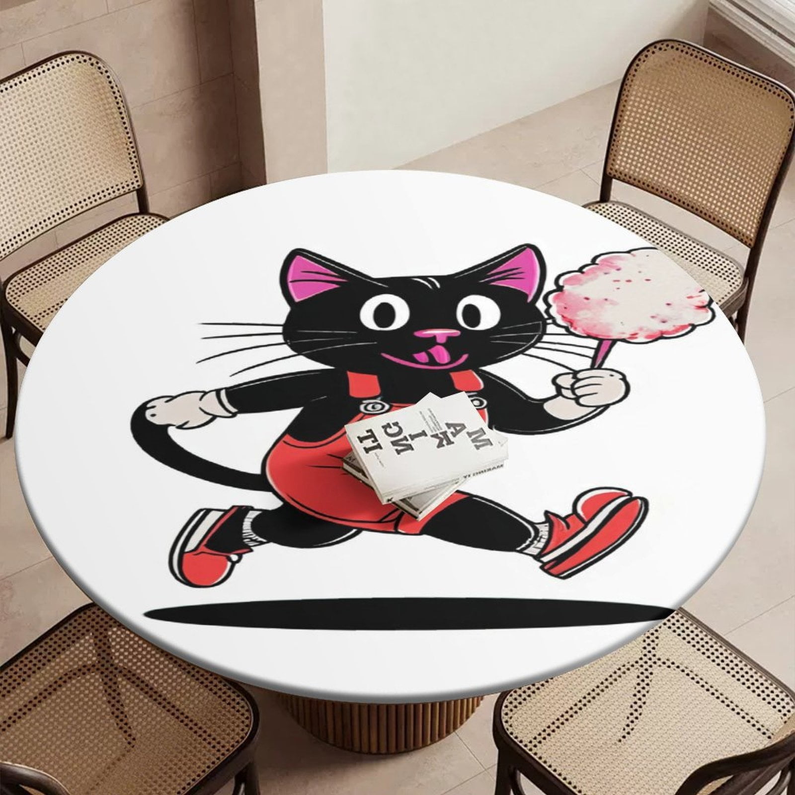 Black Cat Running with Ice Cream Round Table Cover Kitchen Printed ...