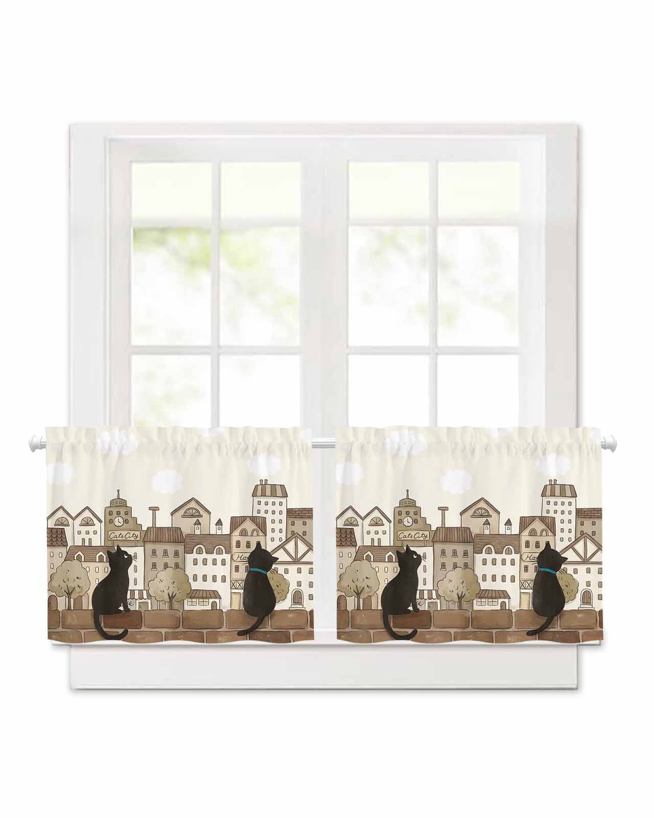 Black Cat Rustic House Beige Short Blackout Curtains 24 Inch Long ...