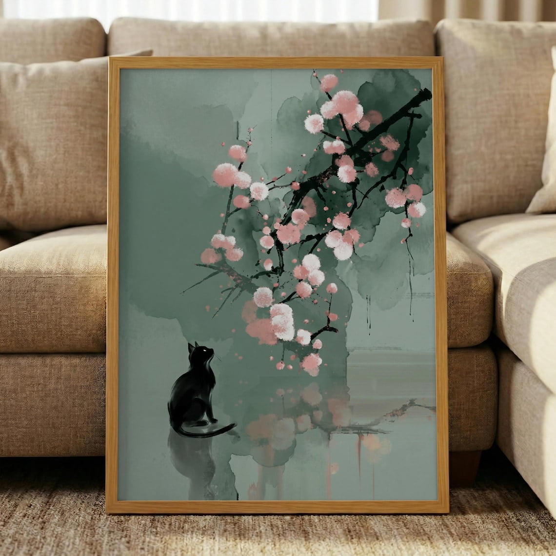 Black Cat Sakura Sage Green Cherry Blossom Japanese Zen Pink Floral ...