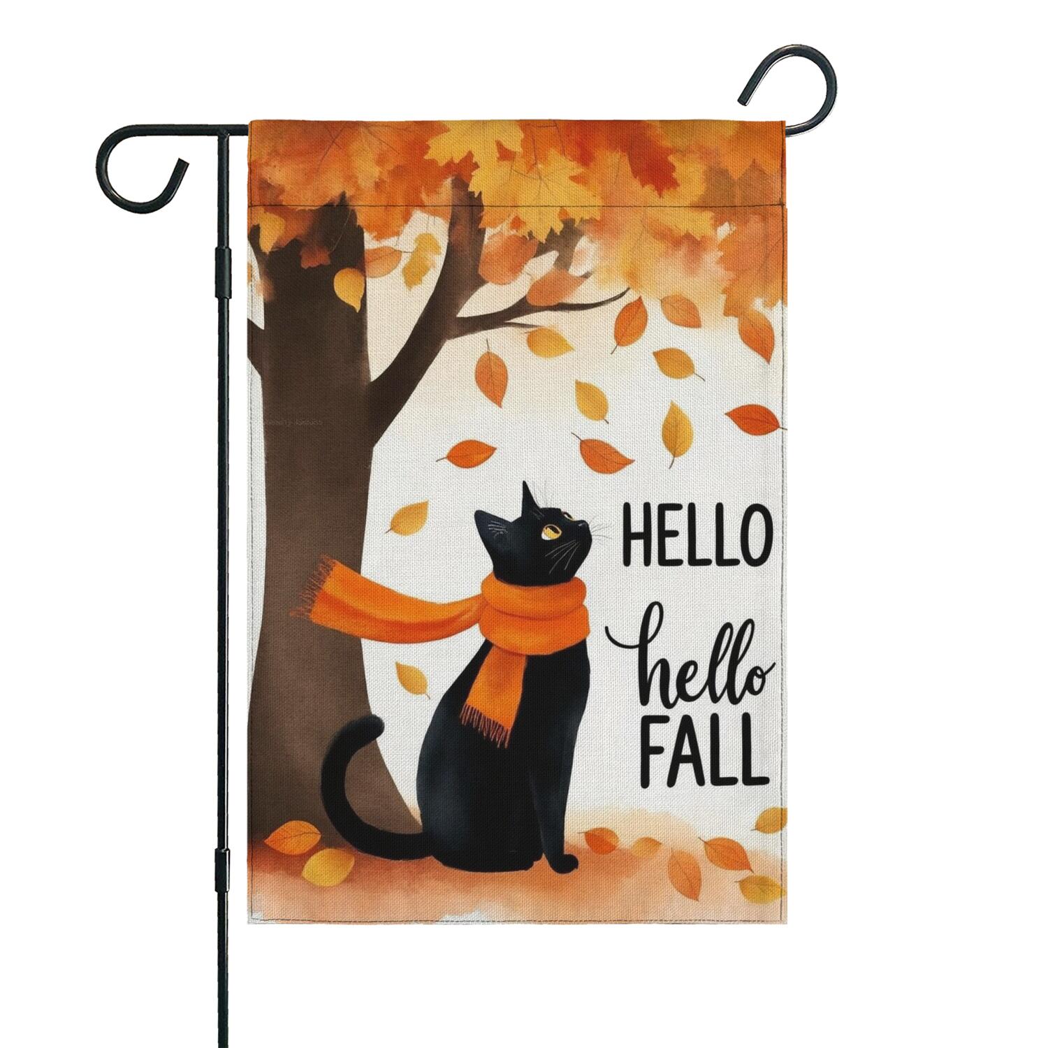 Black Cat with Scarf Hello Fall Fall Garden Flags 12.5"x18" Double Side ...