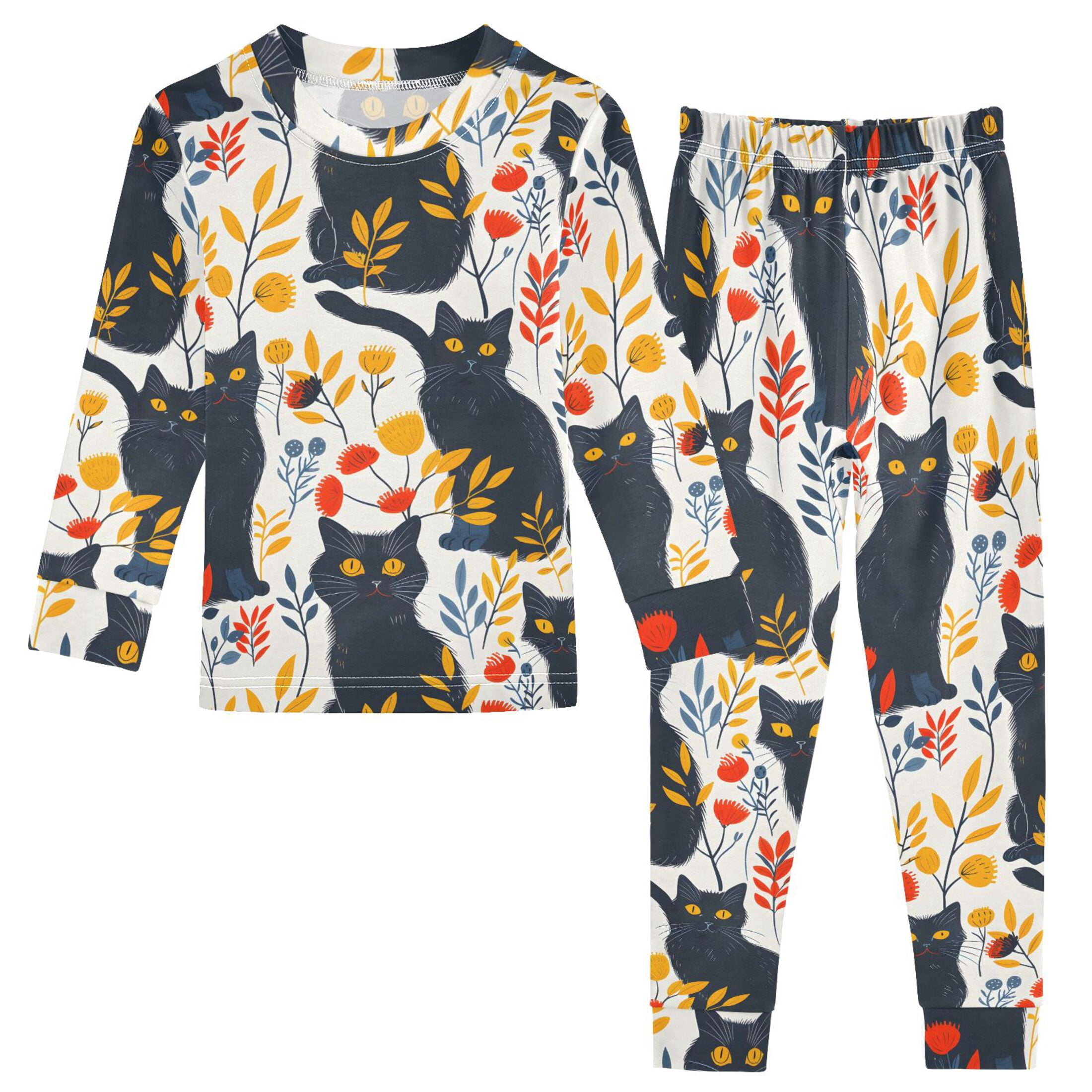 Black Cat Seamless Pattern Cotton Pajamas 2 Piece Set Sleepwear Soft ...