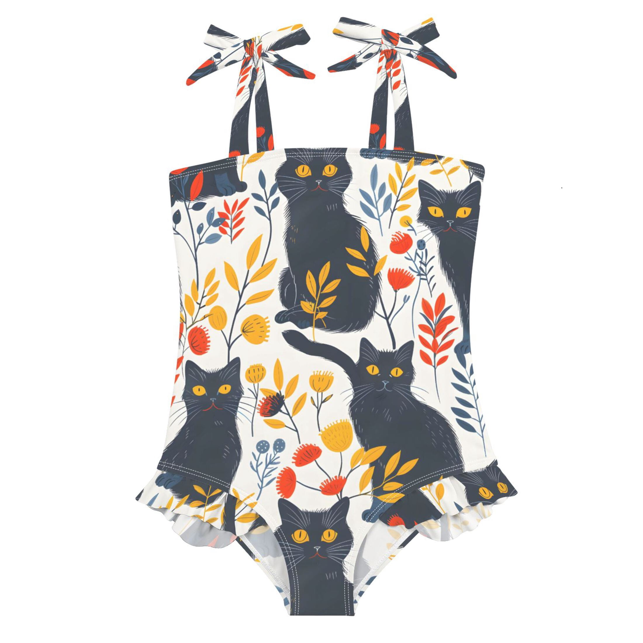 Black Cat Seamless Pattern Girls' One-Piece Swimsuit Bowknot Tie ...