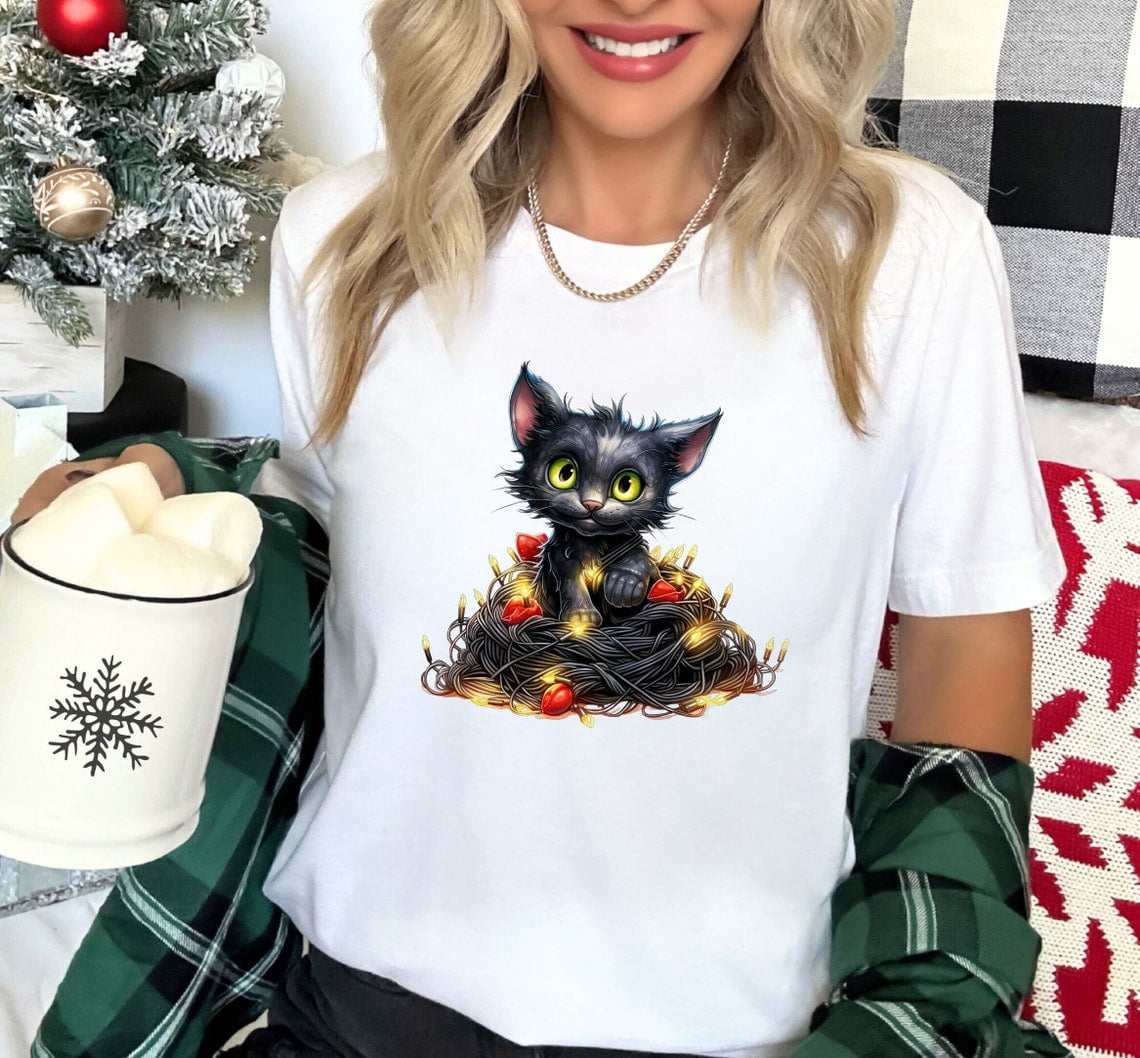 Black Cat Season Tree Lights Shirt, Season Cat Lights T-Shirt, Meowy ...
