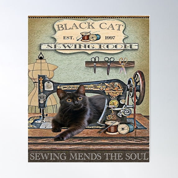 Black Cat Sewing Room Poster Wall Art Modern Wall Decor For Living Room ...