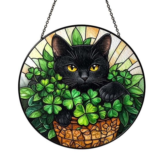 Black Cat Shamrock Clover Stained Glass Style Suncatcher Window Hanging ...