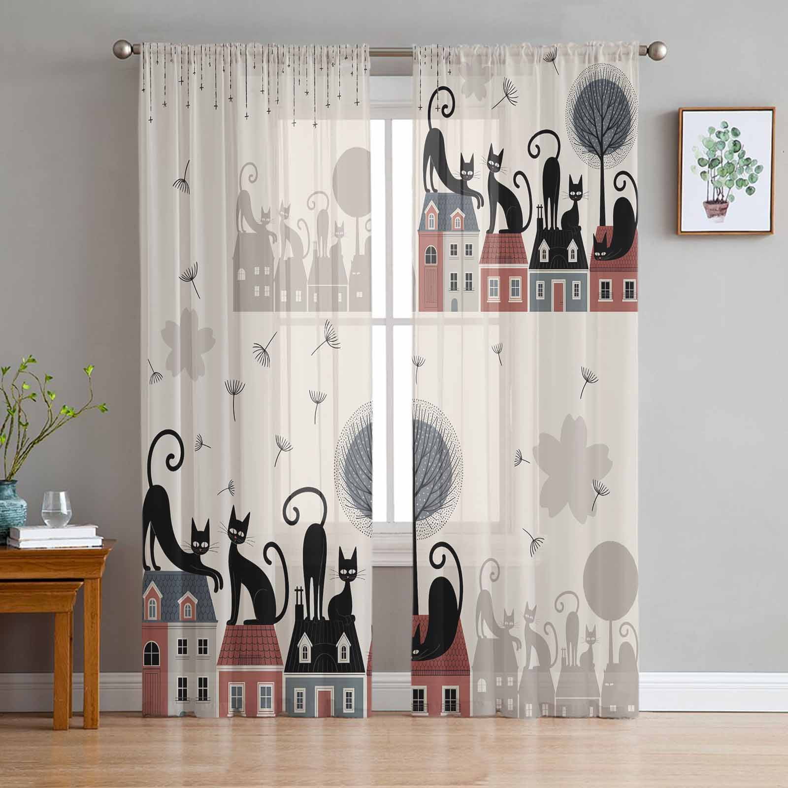 Black Cat Sheer Curtains 72 Inches Long 2 Panels Set, Window Sheer ...